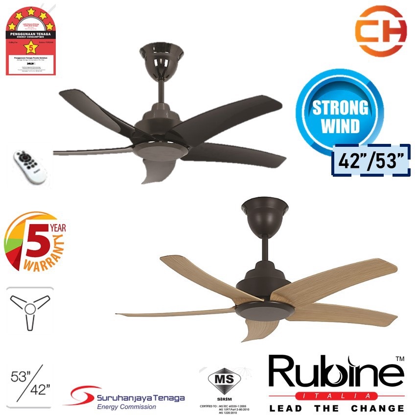 RUBINE Vento Series RCF-VENTO-5B Matte Black / Oil Brown 42inch & 53inch Decorative Ceiling Fan ...