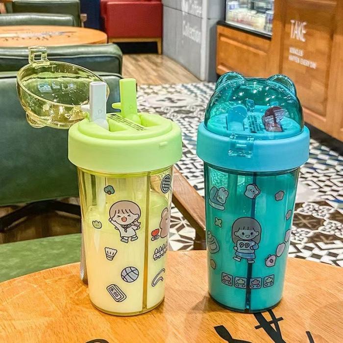 Portable Double Straw Botol Air Viral Water Bottle Creative Cute Bear ...