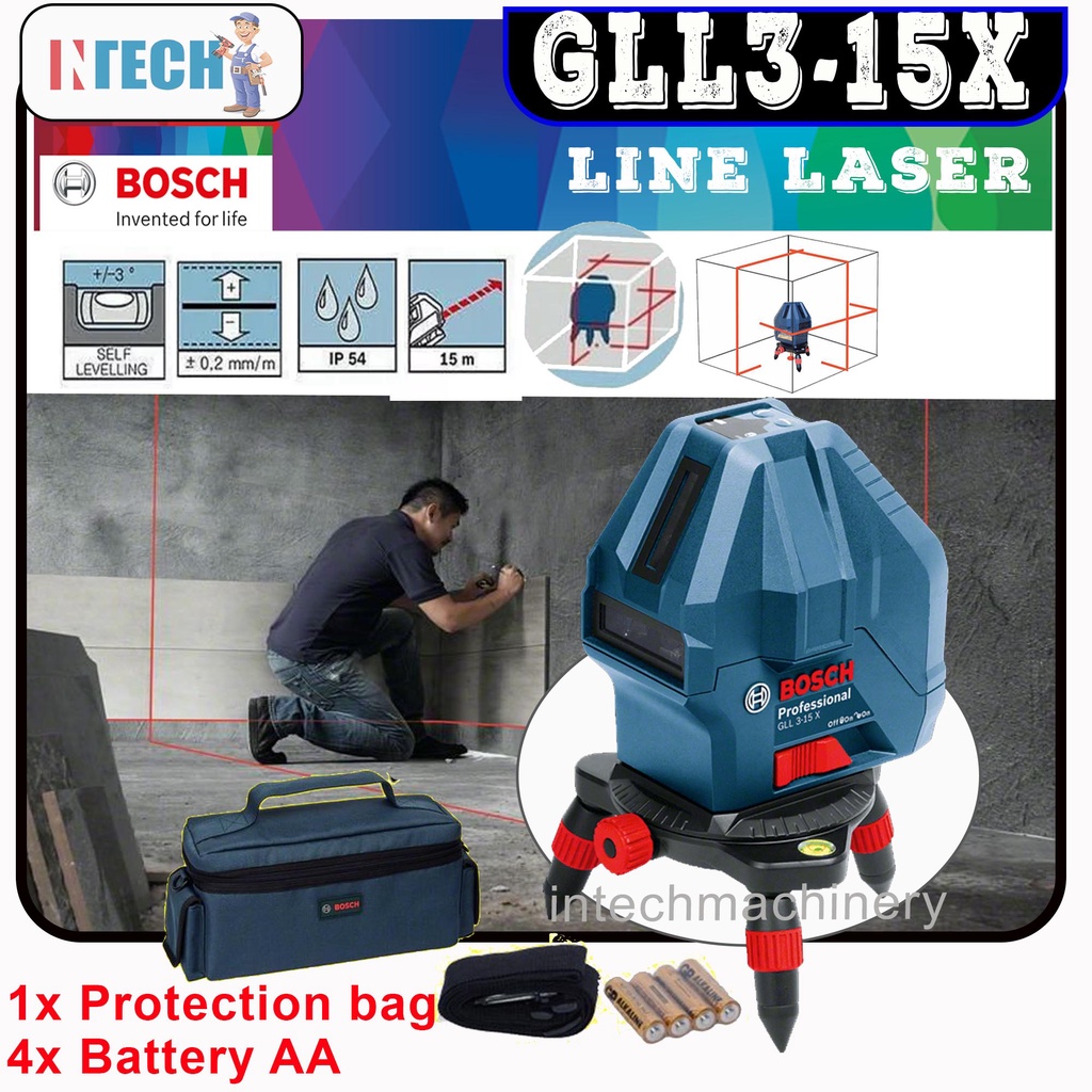 BOSCH GLL3-15X SELF LEVELLING LINE LASER 15M WORKING RANGE / 3 LINES ...