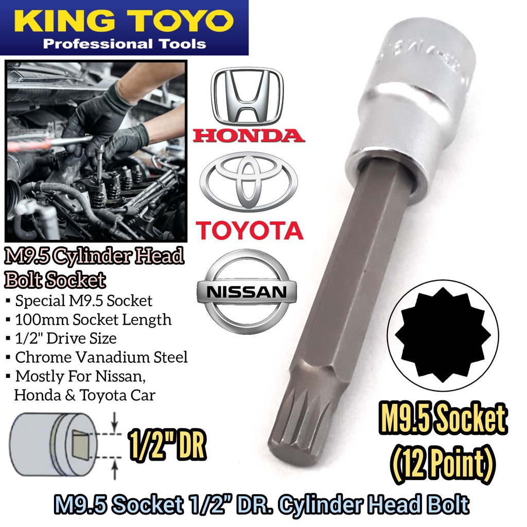 King Toyo Special Size M9.5 Socket With 1/2" DR. Cylinder Head Bolt Tools For Most Automotive ...