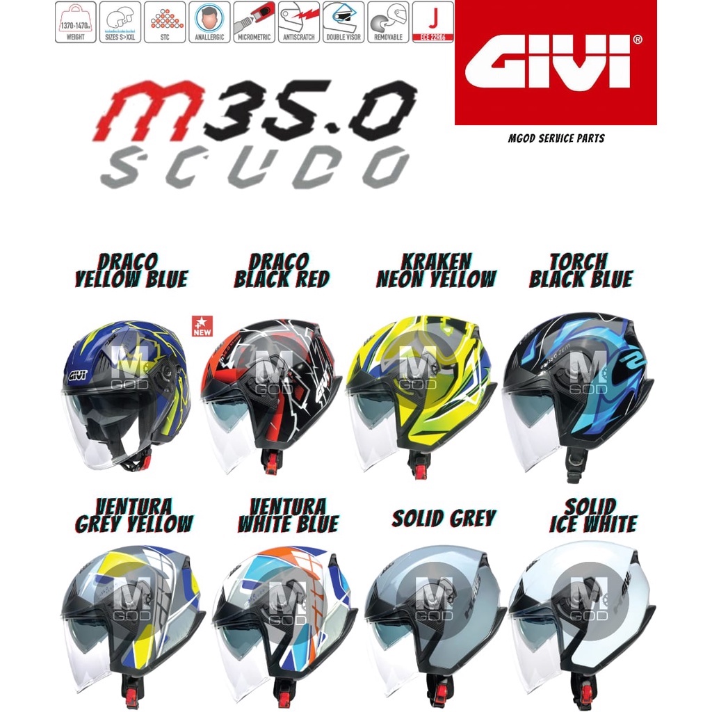 GIVI HELMET SCUDO M35.0 PLAIN&GRAPHIC OPEN FACE DOUBLE VISOR HELMET MOTOR 100% ORIGINAL GIVI ...