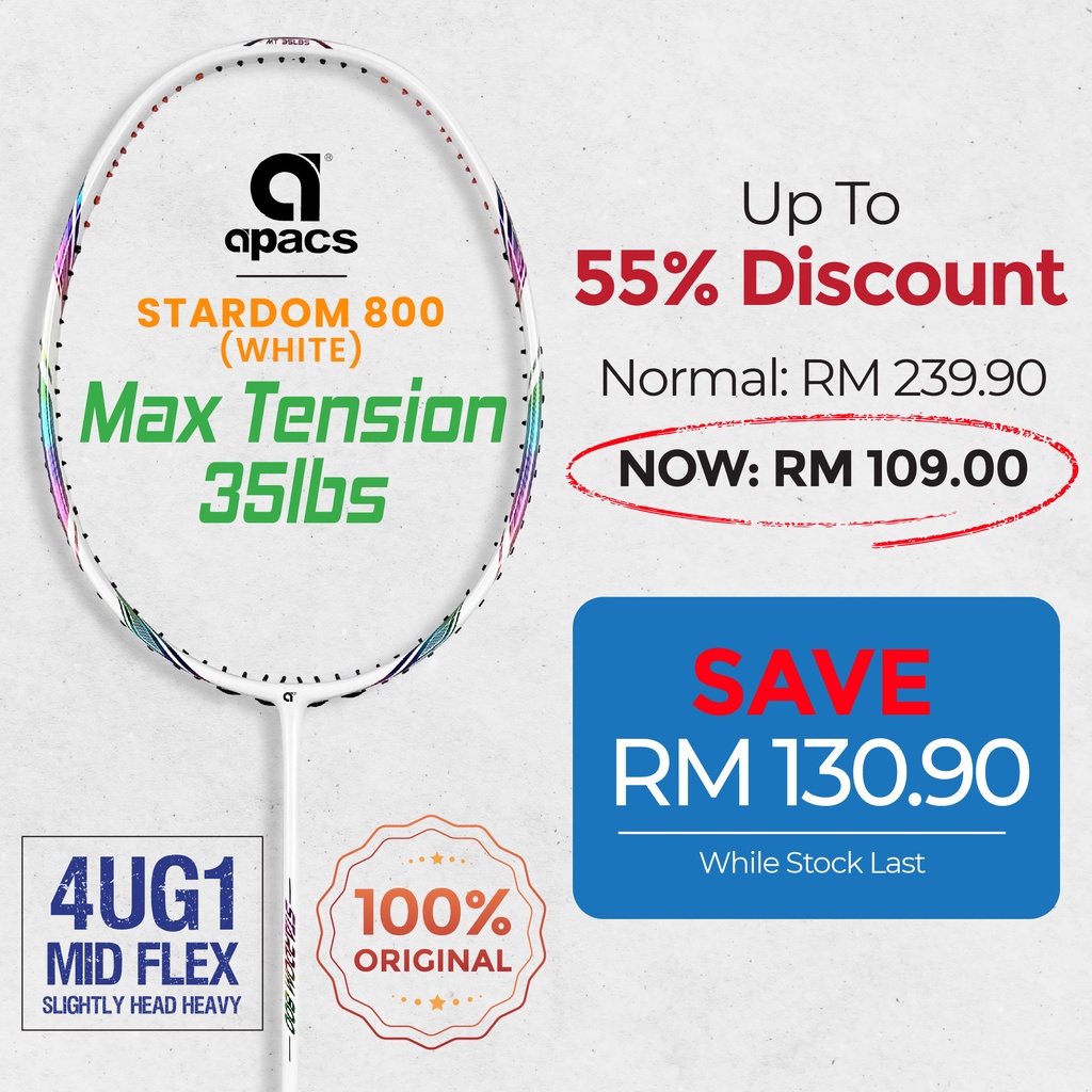 APACS Stardom 800 (White) Frame Only Badminton Racket 4UG1 Max Tension ...