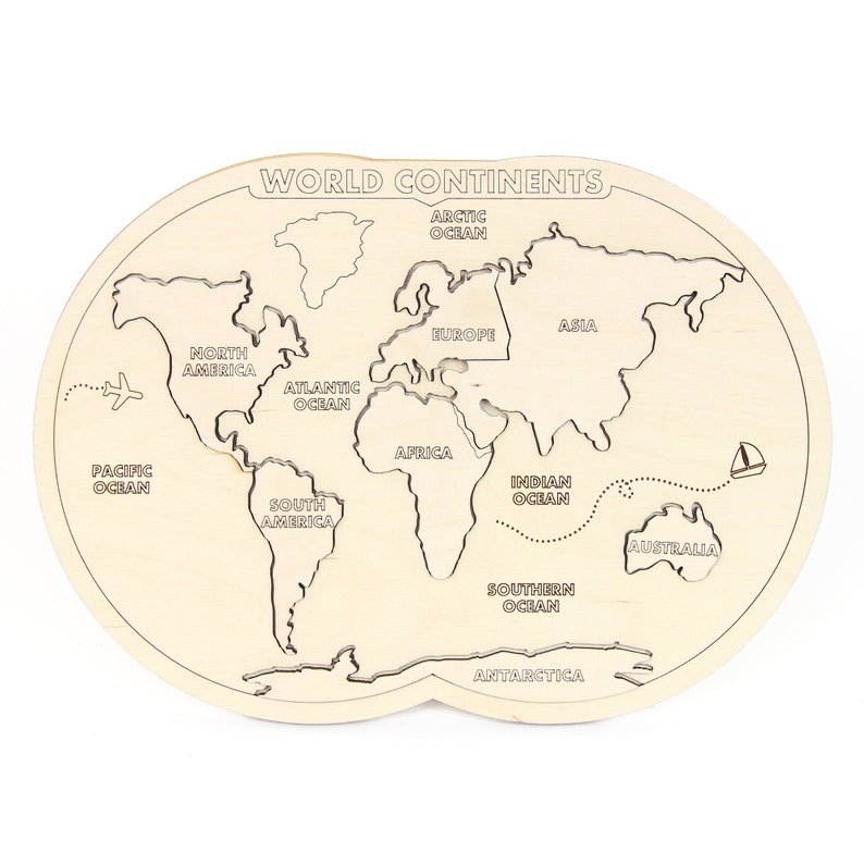 World map wooden puzzle, Montessori toy World Continents Wooden puzzles ...
