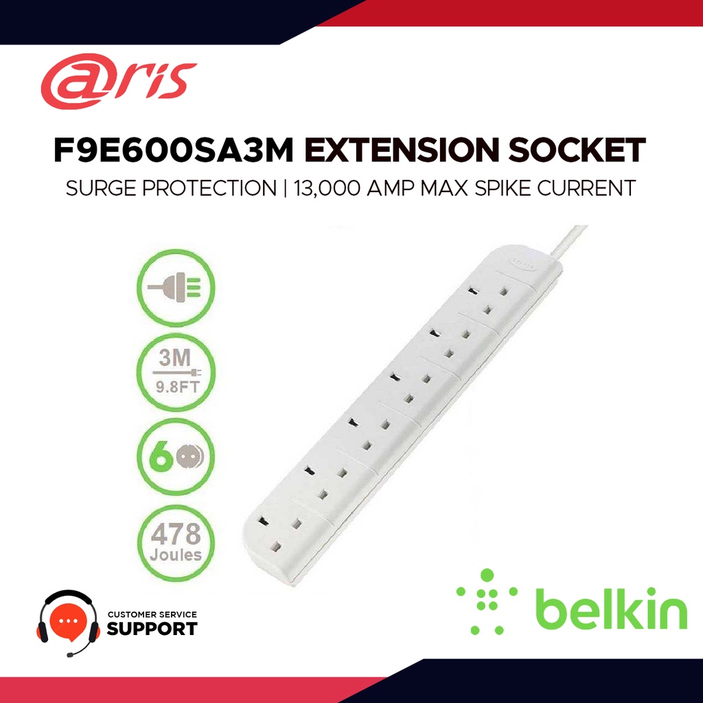 Belkin F9E600SA3M Extension Socket with Surge Protection , 13,000 Amp ...