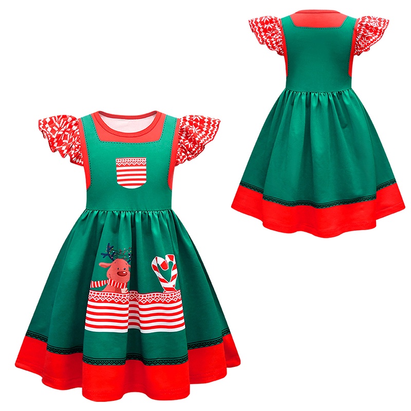 Xmas Dress for Kids Girl Ruffle Sleeves Clothes Green Christmas Dresses ...