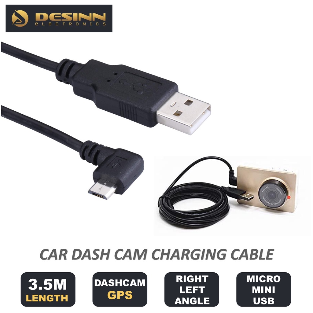3.5m Mini / Micro USB Left Right Angle Cable for Car DVR Charging Dash ...