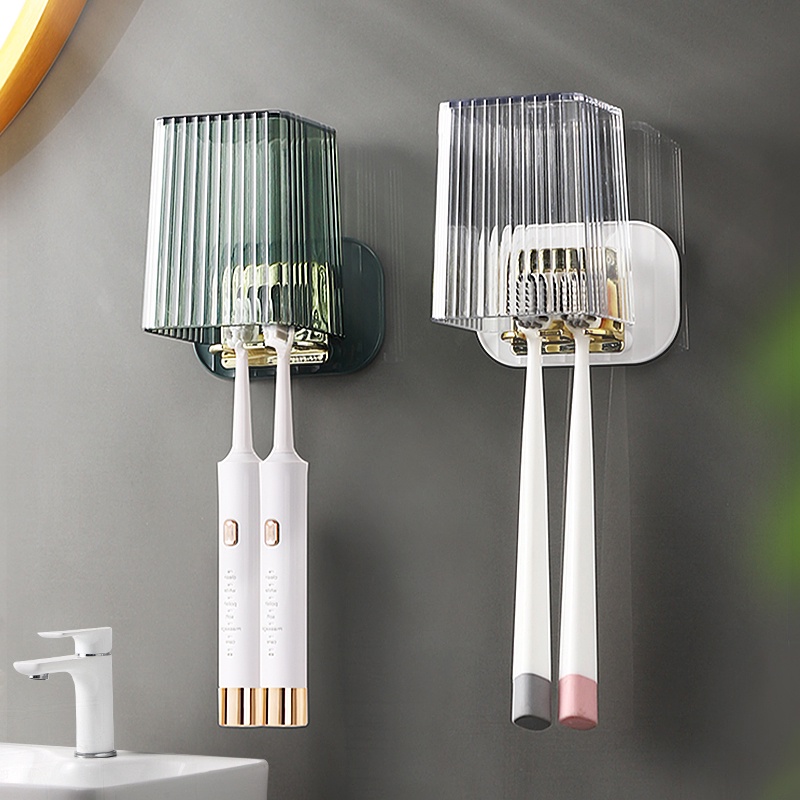 Toothbrush Holder Mouthwash Cup Set Wall Mounted Punch-Free Storage ...