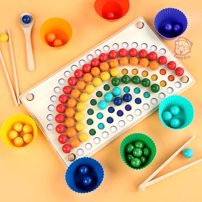 Montessori Wooden Rainbow Clip Beads Peg Board Game/Color Matching ...