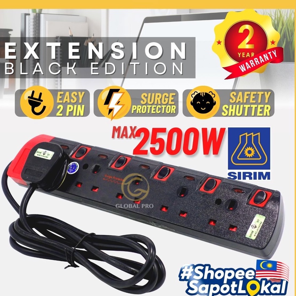 [sirim] Gim 3 4 5 Way 3mtr Surge Protector Sleek Black Portable Extension Trailing Socket