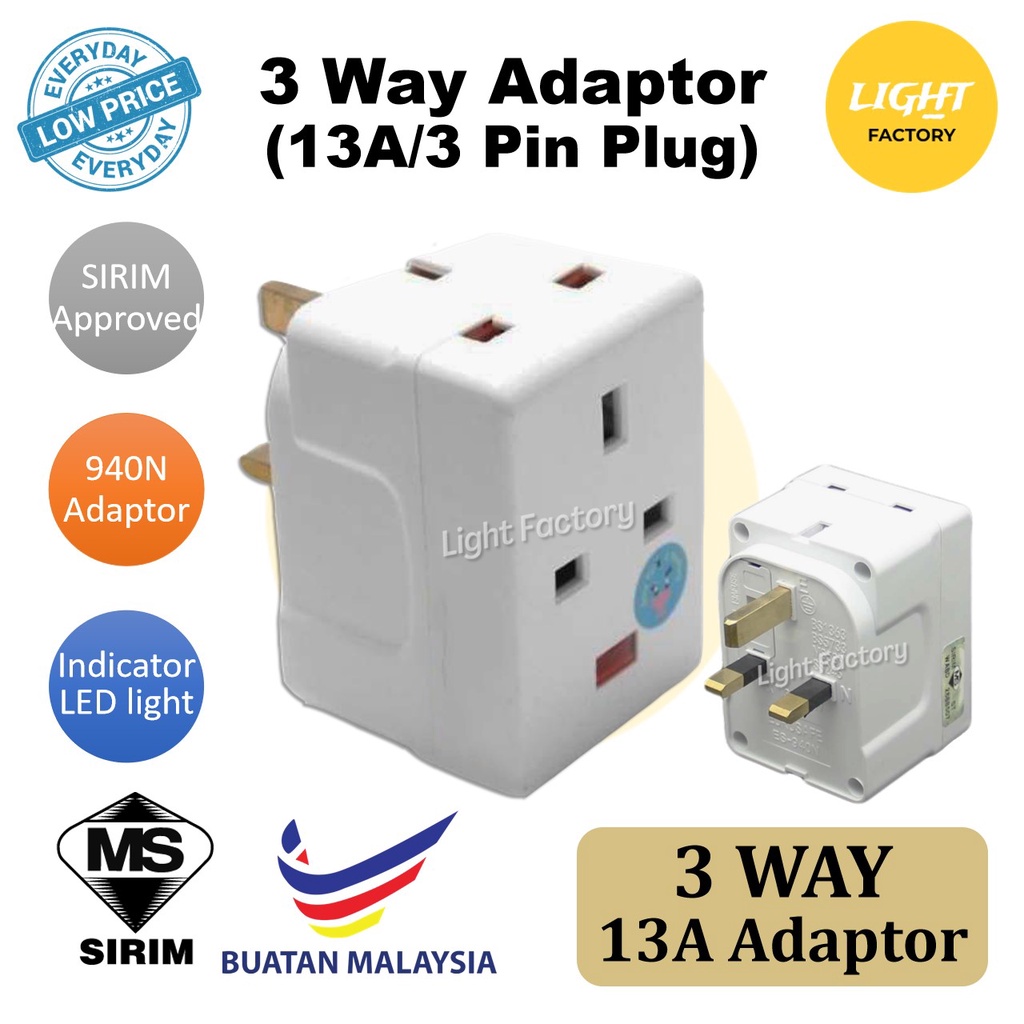 [SIRIM APPROVED] 3 Way Adapter with switch 3 Pin Conversion Plug ...