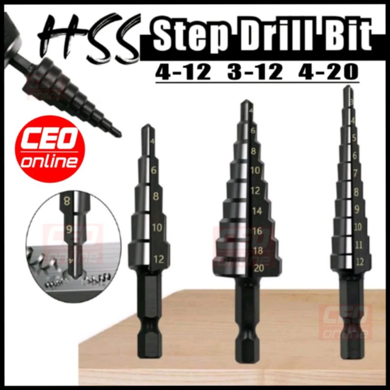 CEO 🇲🇾 3-12mm 4-12mm 4-20mm HSS Straight Groove Step Drill Bit Set ...