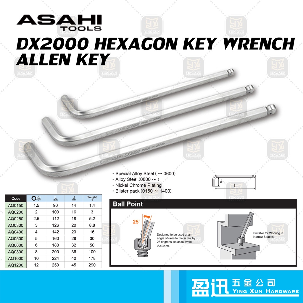 Asahi DX2000 Tools Ball Point Long Arm Allen Key Hex Key 1.5mm - 8.0mm ...