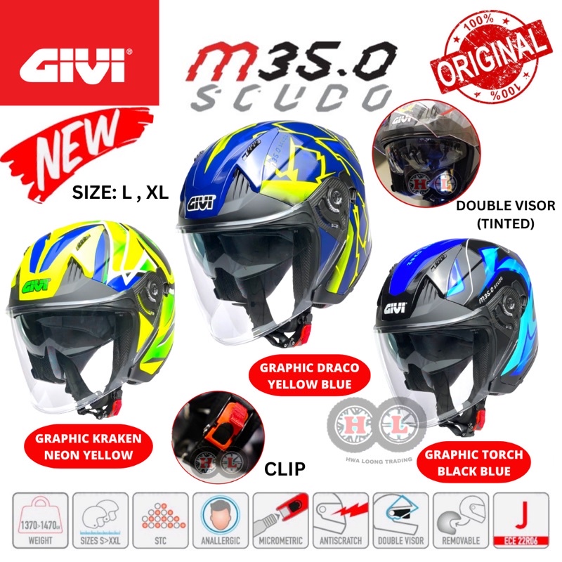 GIVI M35.0 DOUBLE VISOR OPEN FACE HELMET ORIGINAL (GIVI GRAPHIC COLOUR ...