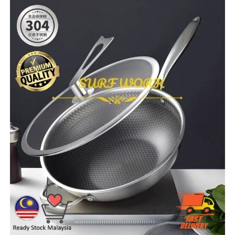 Honeycomb Stainless Steel Frying Pan Wok With Glass Lid (34 CM ...