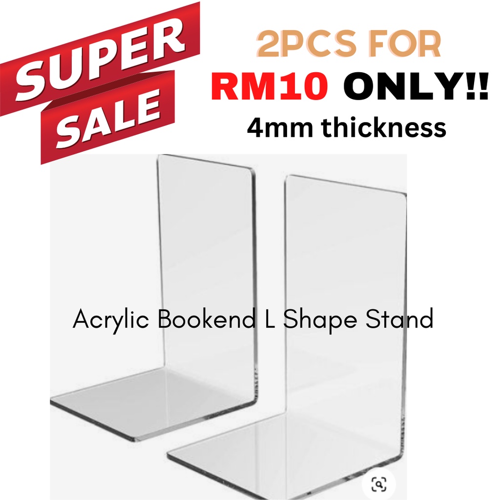 SALES! 2pcs Transparent Acrylic L Bookends Stand Bookshelf Desktop ...