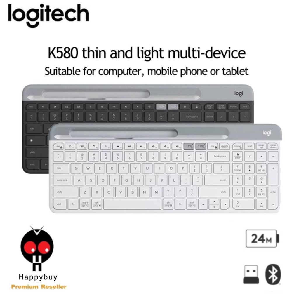 Logitech K580 Slim Multi-Device Bluetooth Wireless Keyboard with Unifying Receiver - Black/White ...