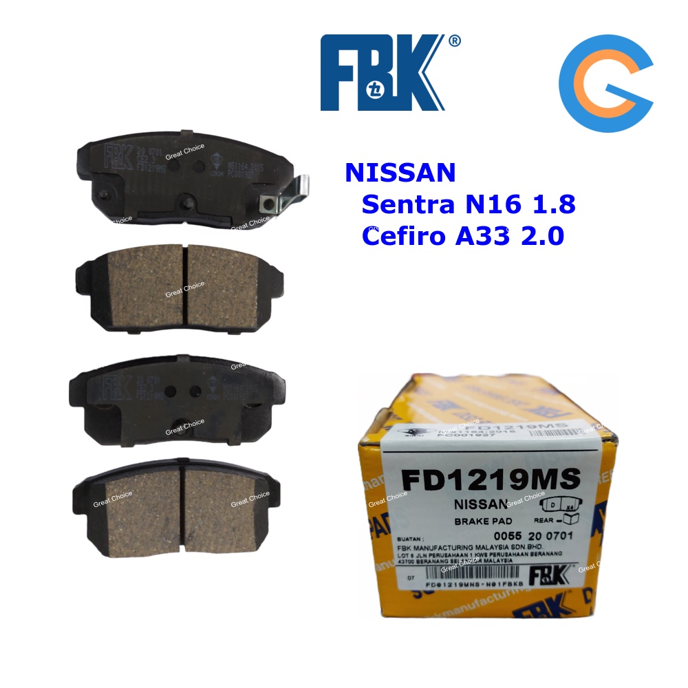 FBK Sentra N16 1.8 Rear (Belakang) Disc Brake Pad Cefiro A33 2.0 NISSAN ...