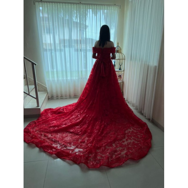 ＃全新＃现货＃大码＃红色拖尾＃一字肩＃遮手臂显瘦显高晚装礼服，xxxl size gown merah | Shopee Malaysia
