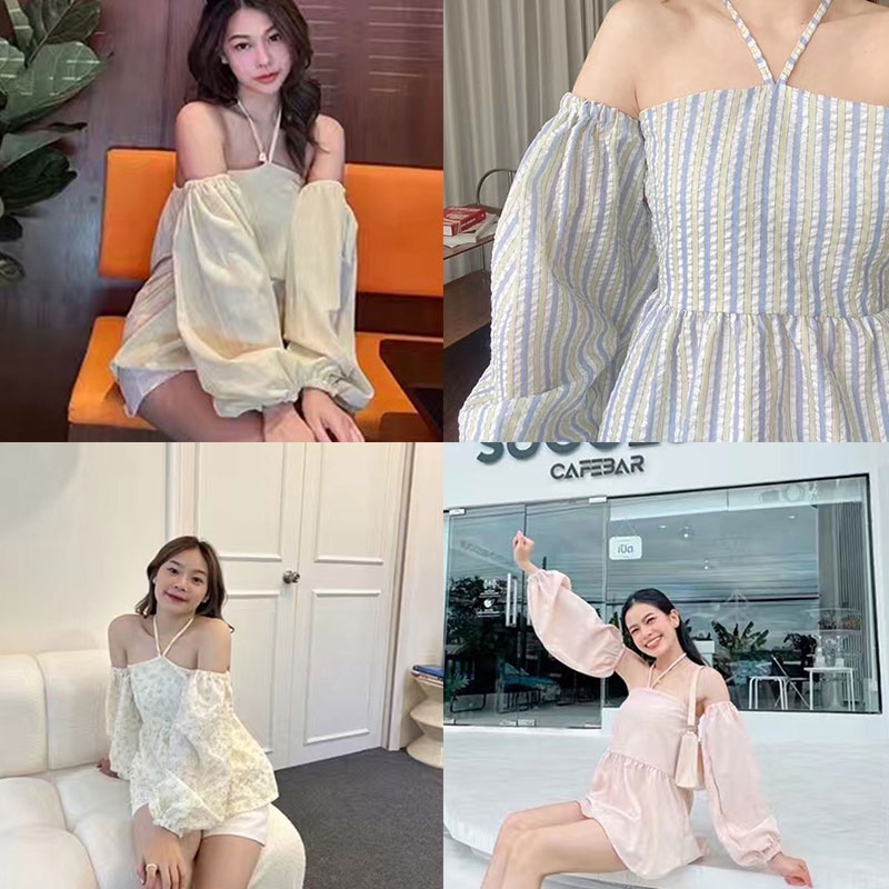 Off-The-Shoulder Chiffon Shirt With Long Sleeves Striped Pattern Sexy ...