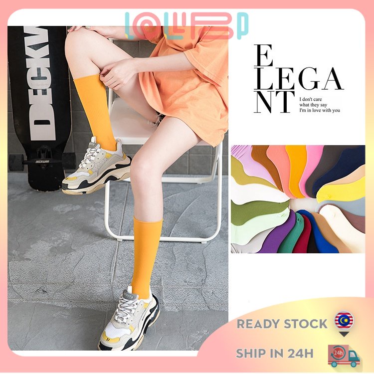 LLP (LY) Pastel Color Sock Plain Crew Socks Women Pile Socks Mid Calf ...
