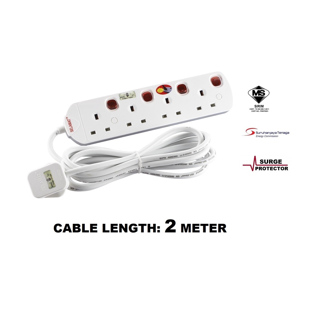 Selamat 4 Gang Surge Protection Extension Socket/Trailing Socket (2M/3M ...