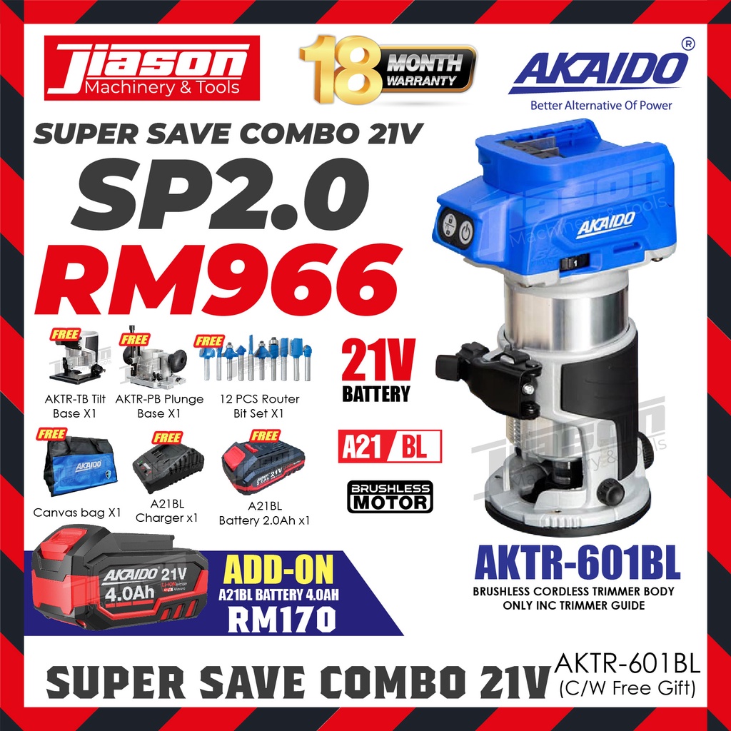 AKAIDO SP2.0 21V Super Save Combo AKTR-601BL Brushless Cordless Trimmer Router / Mesin Pemangkas ...