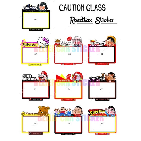 CARTOON CAUTION GLASS ROADTAX STICKER BATMAN LUFFY KFC MCD SHIN CHAN ...