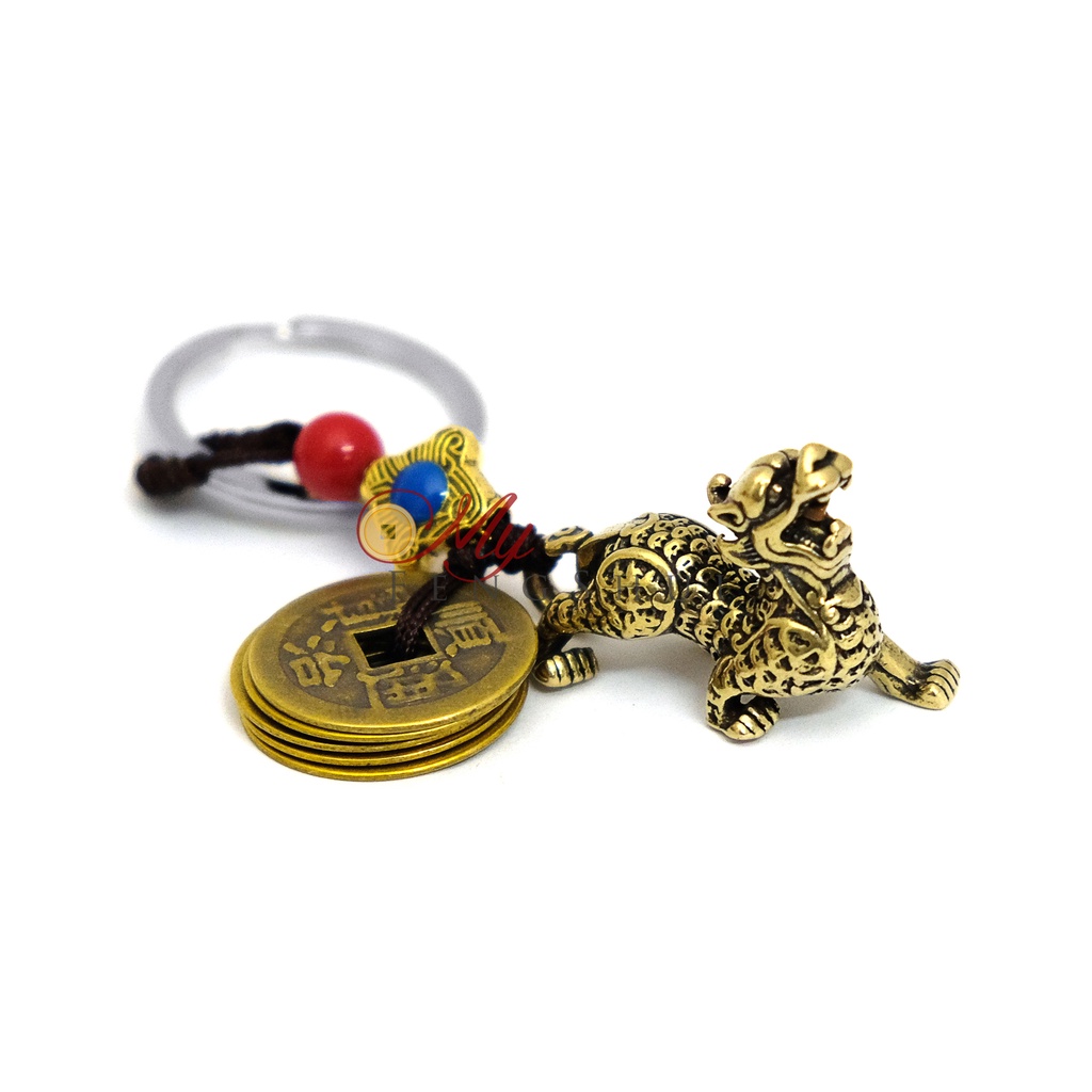 Feng Shui Good Fortune Brass Pi Yao with Five 5 Emperors Brass Coins ...