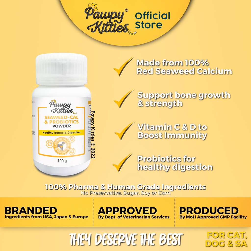Pawpy Kitties Seaweed-Cal Calcium & Probiotics Powder (100g) - For Cat ...