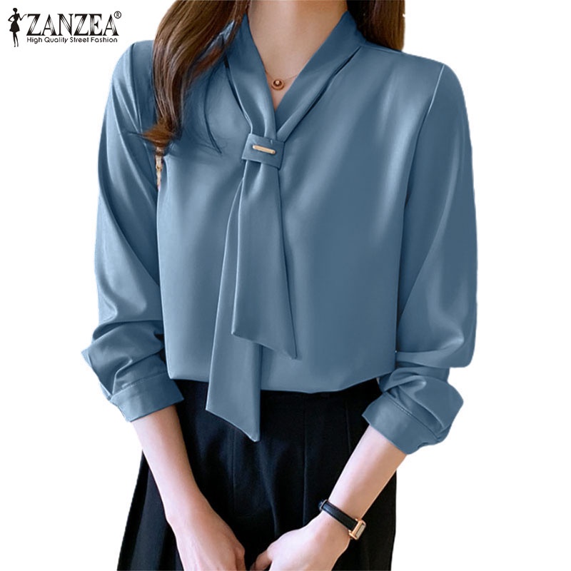 ZANZEA Women's Fashion Long Sleeve Shirt Casual Loose Tie Neck Blouse ...