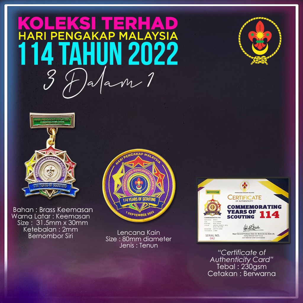 KOLEKSI HARI PENGAKAP 114 TAHUN ( LAPEL PIN, LENCANA KAIN, SIJIL ...