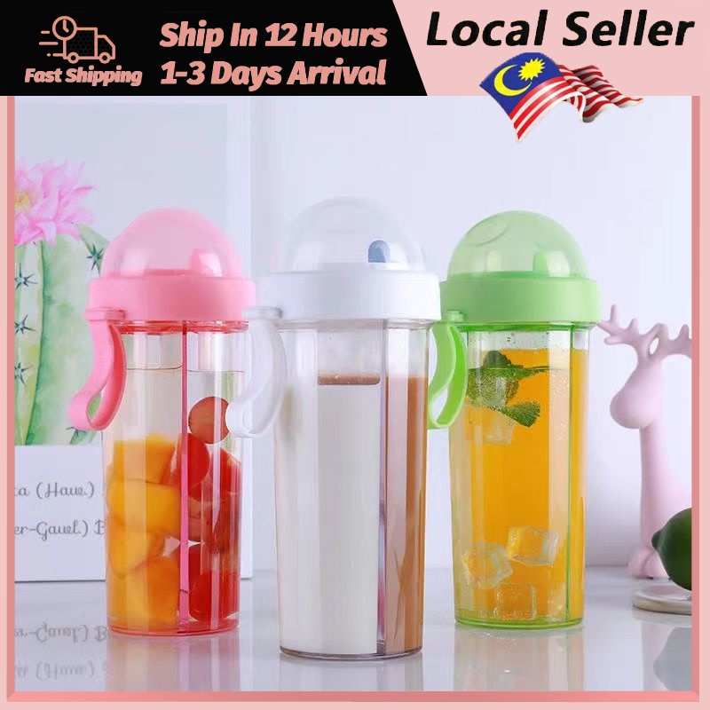 600ml Portable Dual Straw Separate Drink Water Beverage Bottle Couples ...