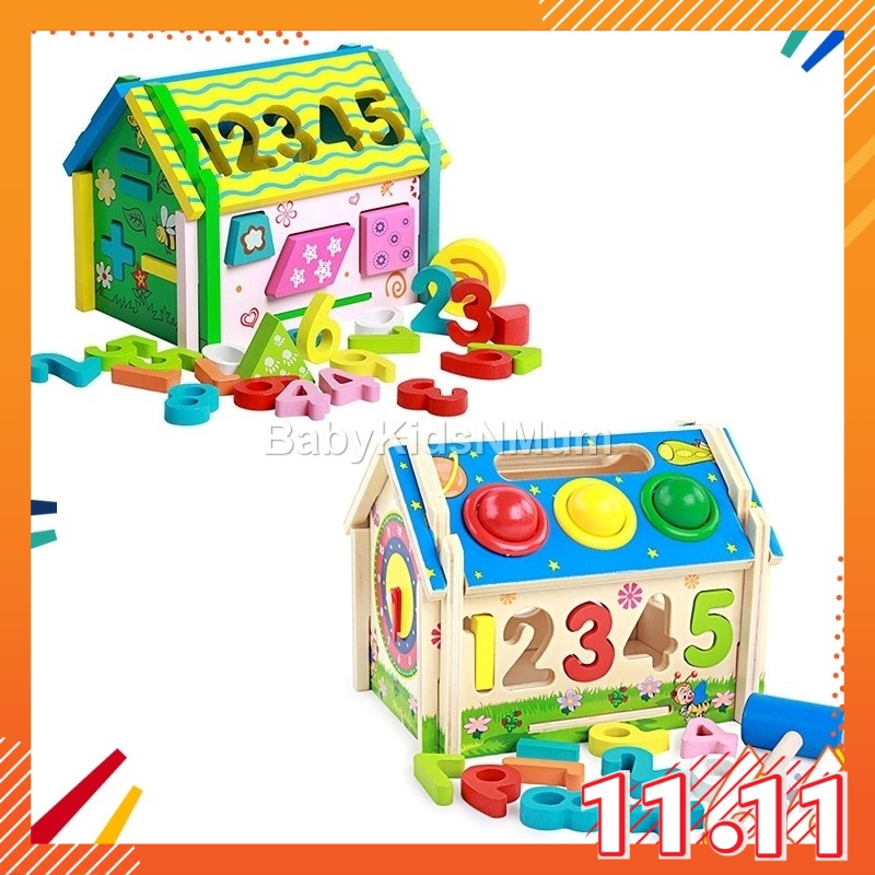 Wooden Hammer Toy House Numbers Geometric Color Shape Sorting Removable ...
