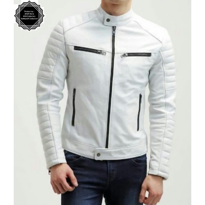 PUTIH Cool White Synthetic Leather Men's Motorcycle Jacket/Motorcycle ...