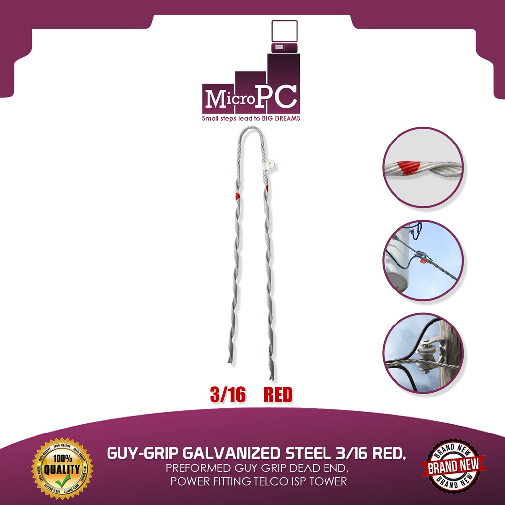 GUY-GRIP GALVANIZED STEEL 3/16 RED, PREFORMED GUY GRIP DEAD END, POWER FITTING TELCO ISP TOWER ...
