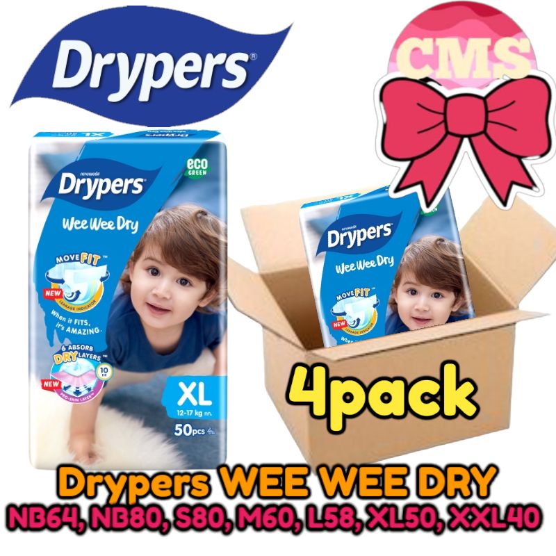 Drypers Wee Wee Dry (WWD) (NB80/S80/M60/L58/XL50/XXL40) X 4 Packs ...