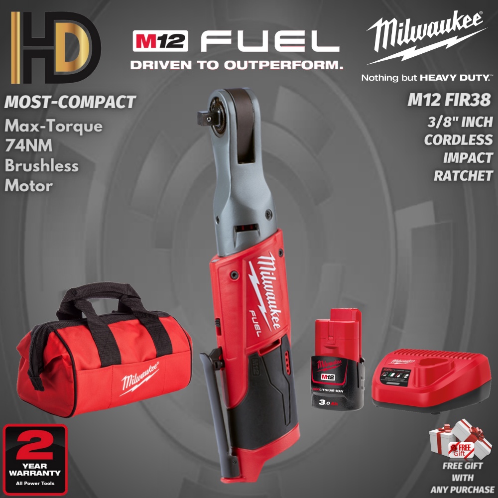 Milwaukee M12 FIR38 Fuel Compact 3/8" Impact Ratchet / Brushless Motor ...