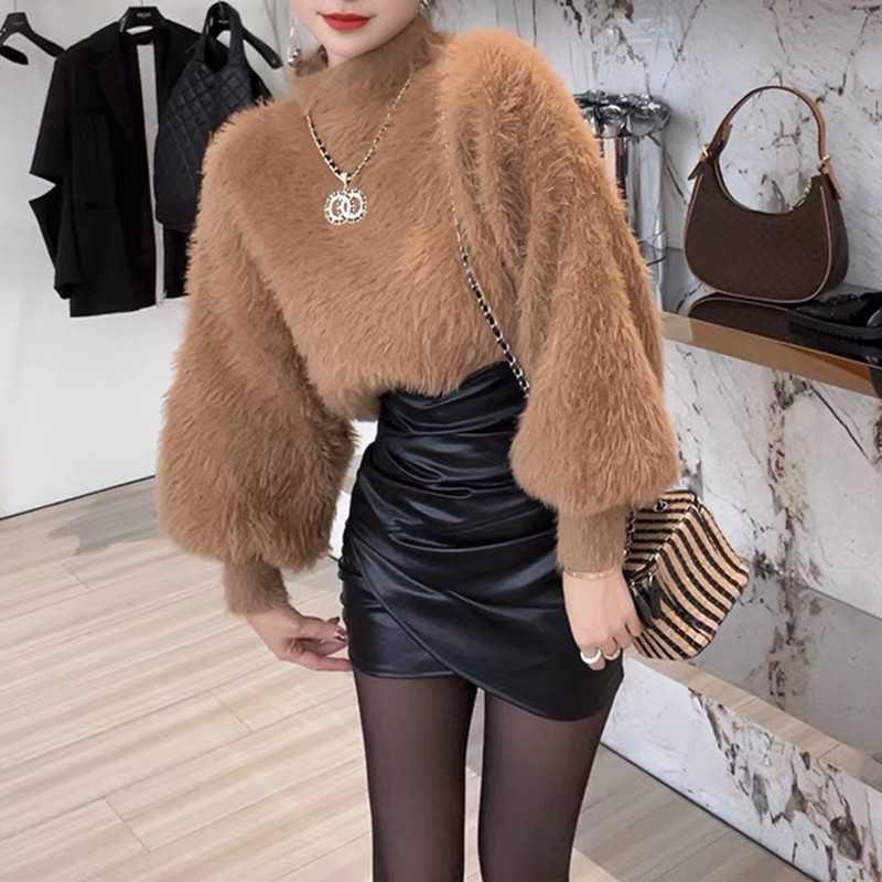 Women Casual Furry Sweater Lantern Sleeve Soft Clothes Plain Plush ...
