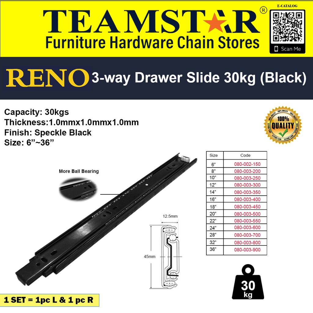 【TEAMSTAR】RENO 3 Way Drawer Slide 30KG (Black) | Shopee Malaysia