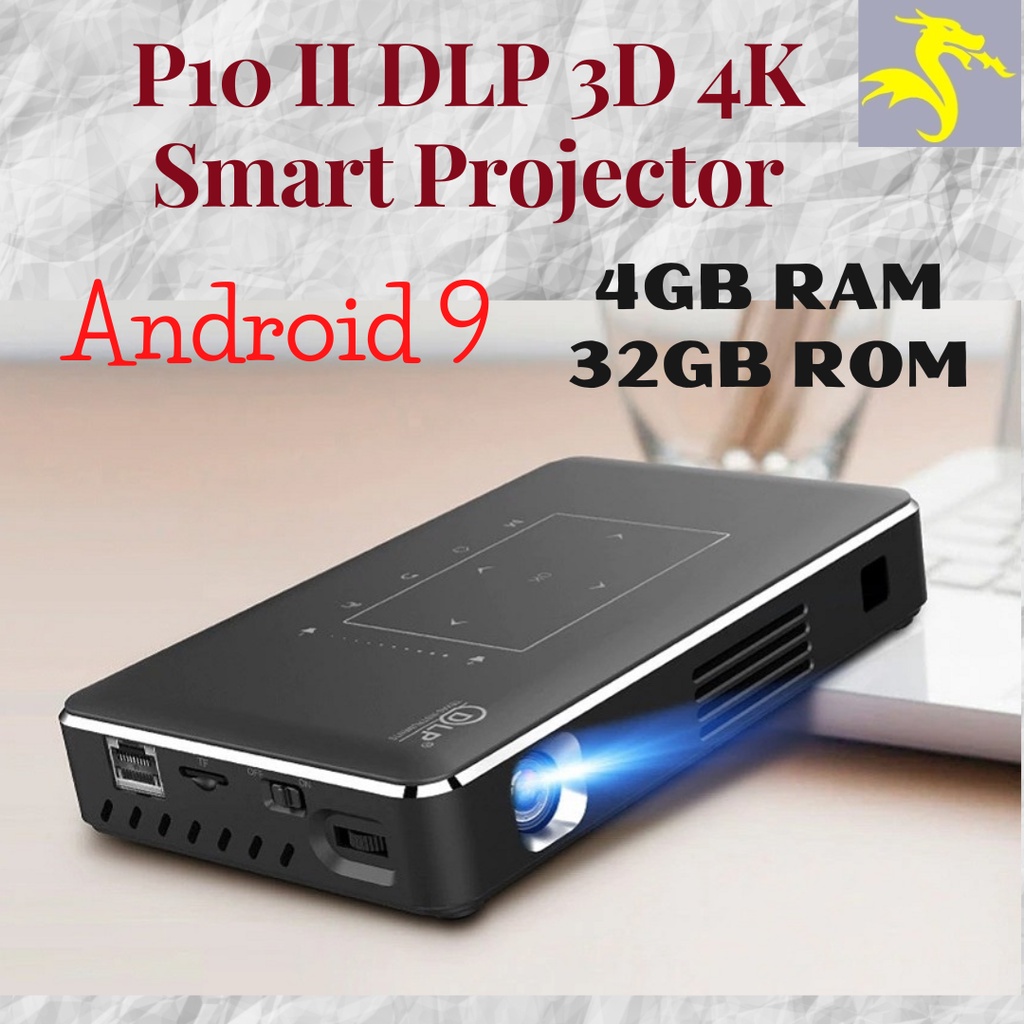P10 II Smart DLP 3D 4K Projector 4GB RAM 32GB ROM Android 9 WiFi Bluetooth 4 Portable Movie Home ...