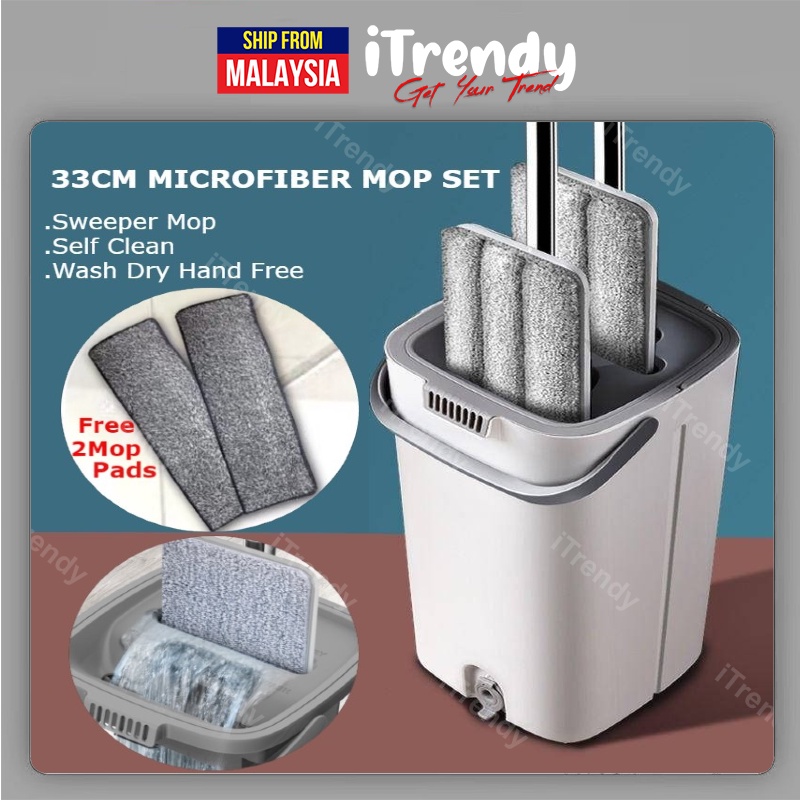 33cm Sweeper Mop Self Wash Clean Squeeze Microfiber Mop Set Wash Dry ...