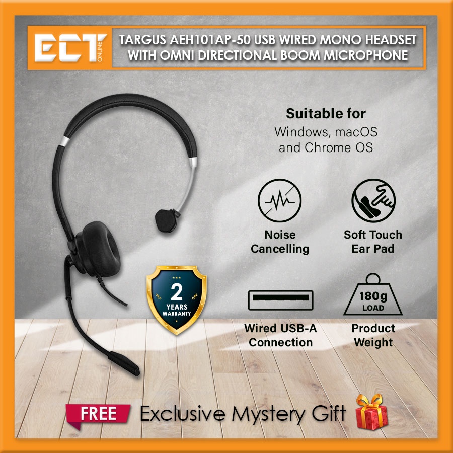 Targus AEH101 USB Wired Mono Headset with Omni Directional Boom ...