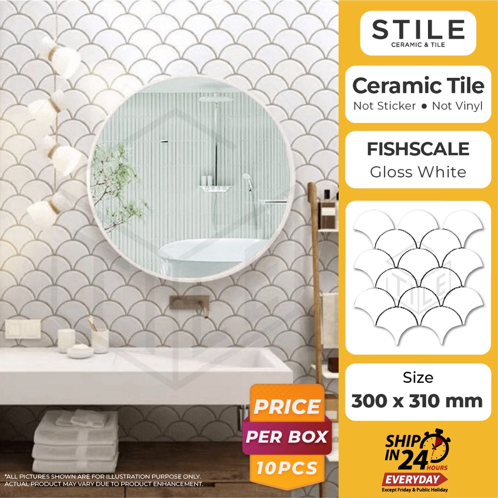 [REAL TILE] 10 PCS FISHSCALE GLOSS WHITE MOSAIC TILES/MOZEK/CERAMIC ...