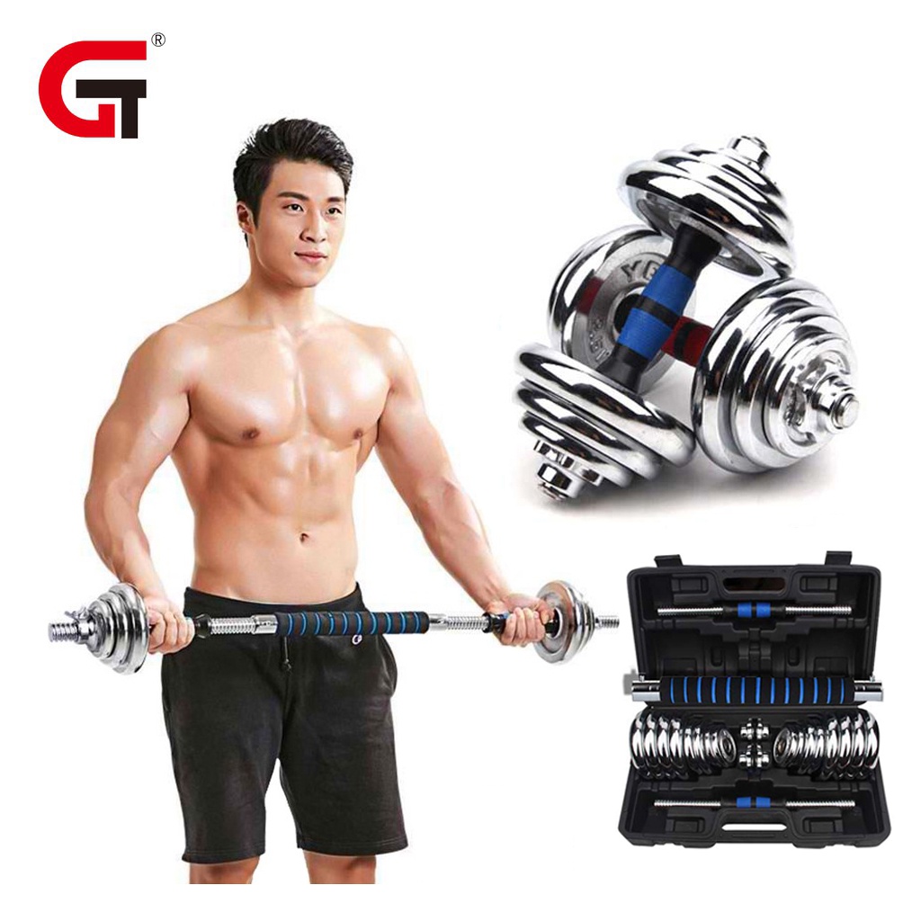 York Chrome Dumbbell Set 20kg Cast Iron Barbell W/ Long Bar Fitness ...