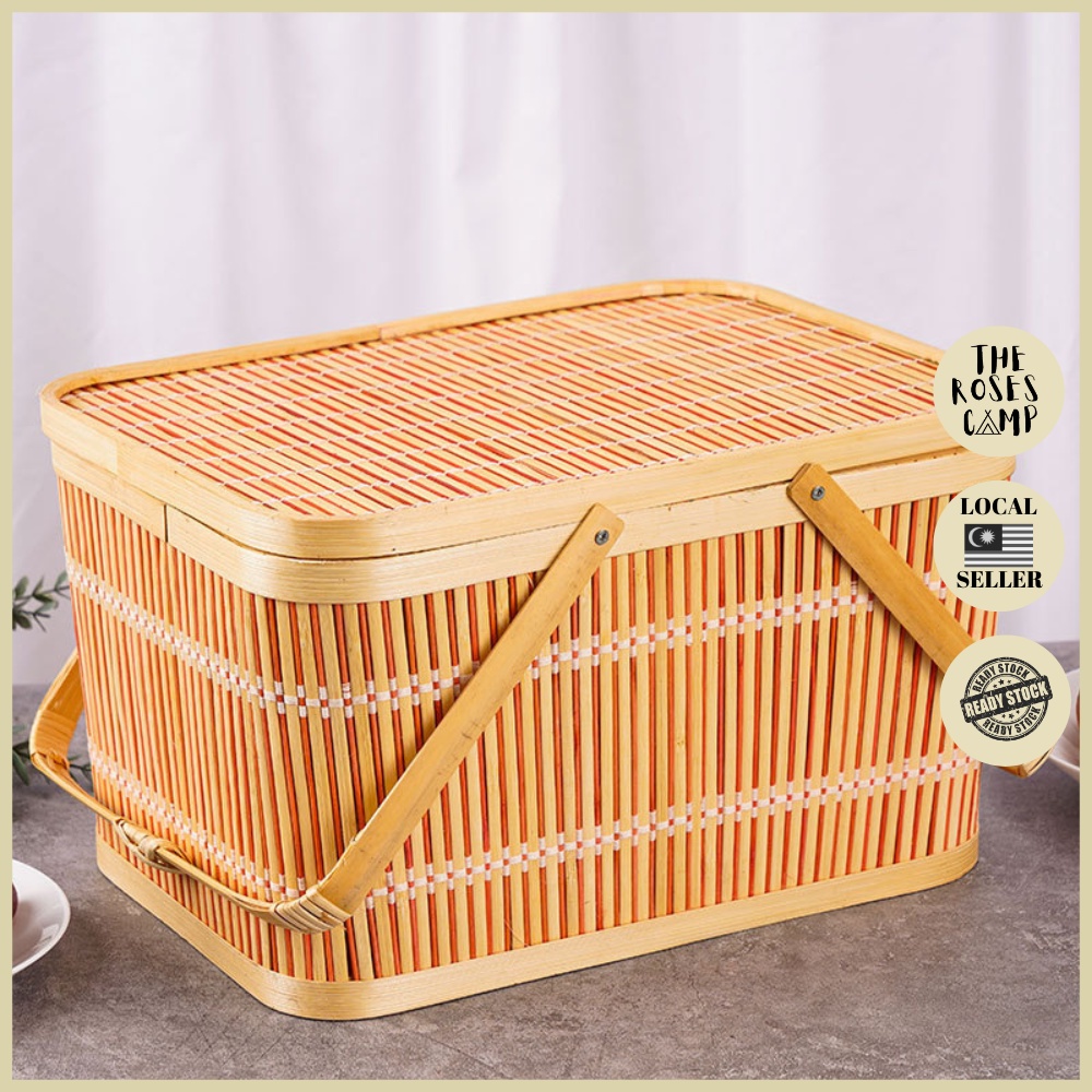 Camping Picnic Bamboo Hand Woven Basket with Cover and Handle | Shopee ...