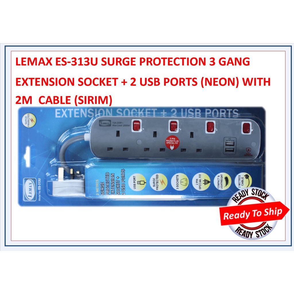 LEMAX ES-313U SURGE PROTECTION 3 GANG EXTENSION SOCKET + 2 USB PORTS ...