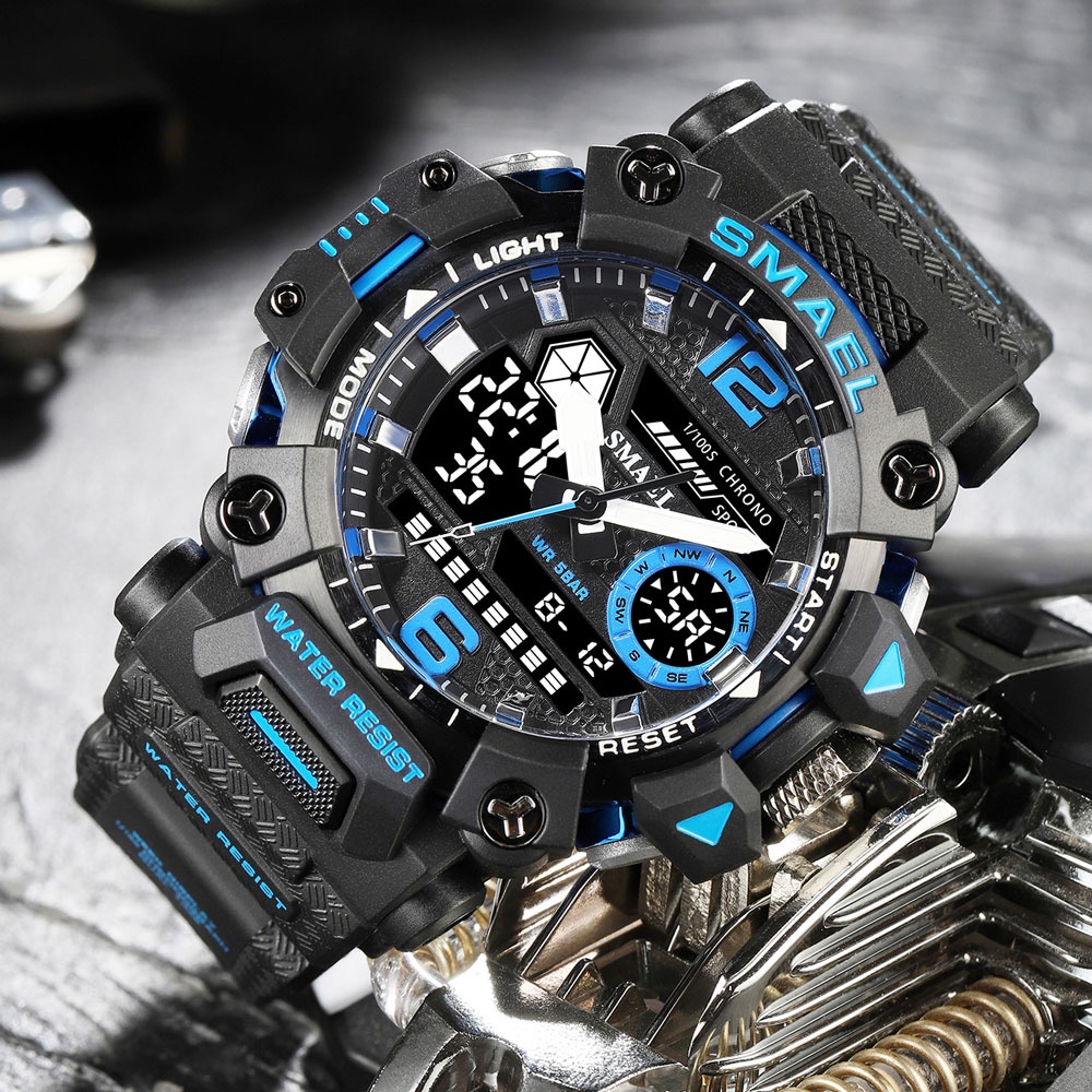 SMAEL Sport Dual Time Watches for Men Waterproof Clock Military Blue ...