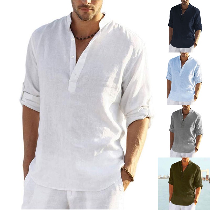 Men's Casual Loose Cotton Linen Long Sleeve Solid Color Shirt Half ...