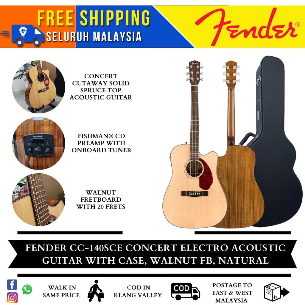 Fender CC-140SCE Concert Electro Acoustic Guitar with Preamp - Natural ...