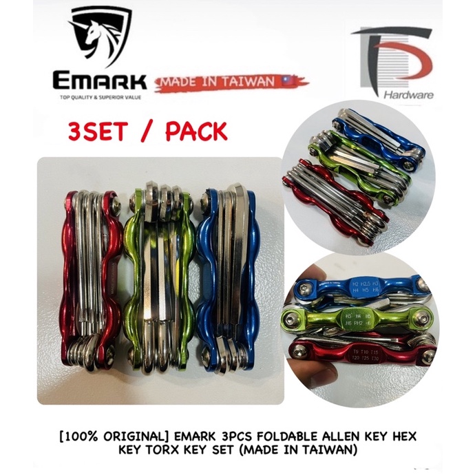 [100% ORIGINAL] EMARK 3PCS FOLDABLE FOLDING ALLEN KEY HEX KEY TORX KEY ...